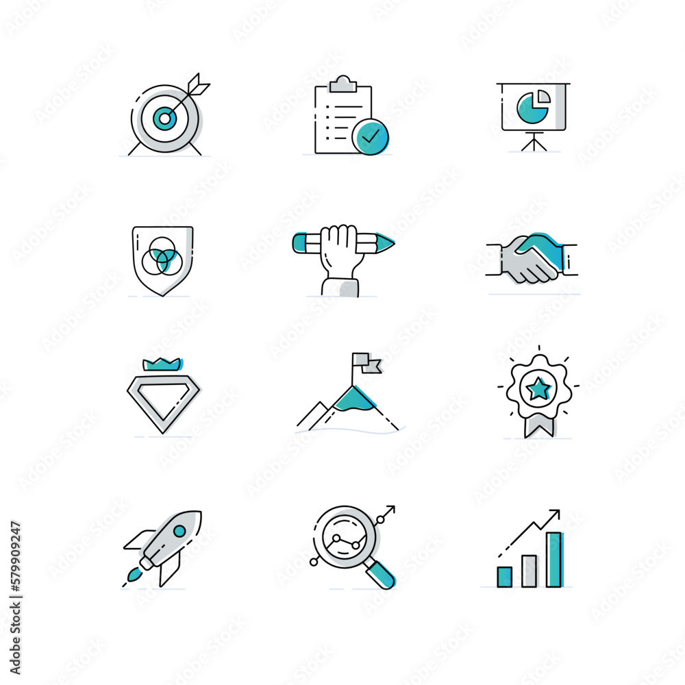 Core values icon set. The modern symbol of company core values, vector line icons with editable ...
