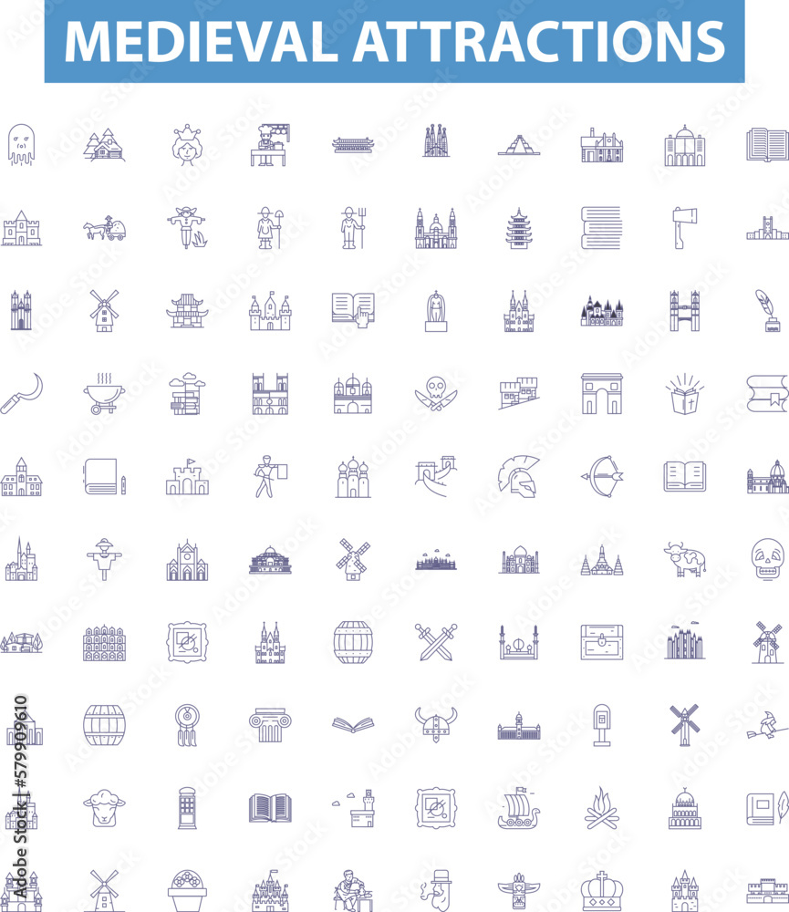 Medieval attractions line icons, signs set. Castles, Dungeons, Weapons ...