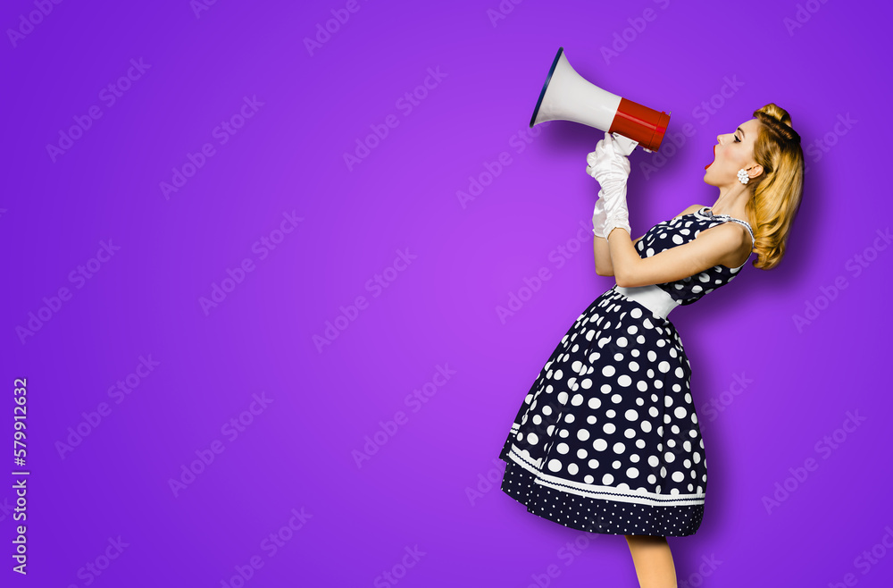 Profile side view image of beautiful woman hold mega phone, shout ...