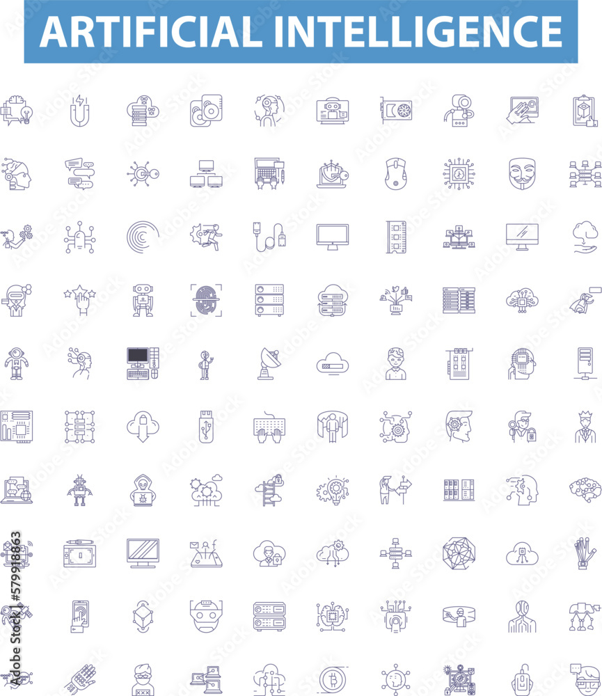 Vecteur Stock Artificial intelligence line icons, signs set. AI, Robotics, Machine Learning ...