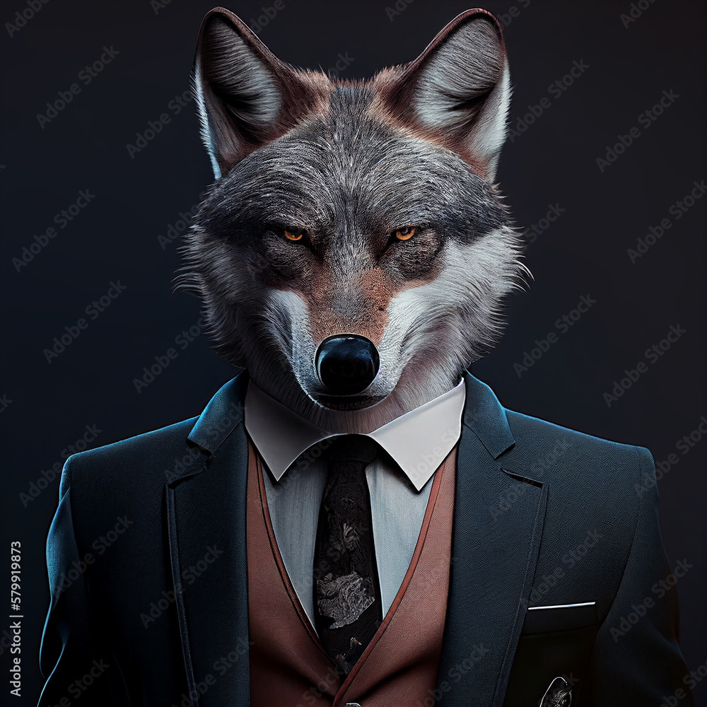 Realistic lifelike glam wolf in black tie cocktail dress ball gala ...