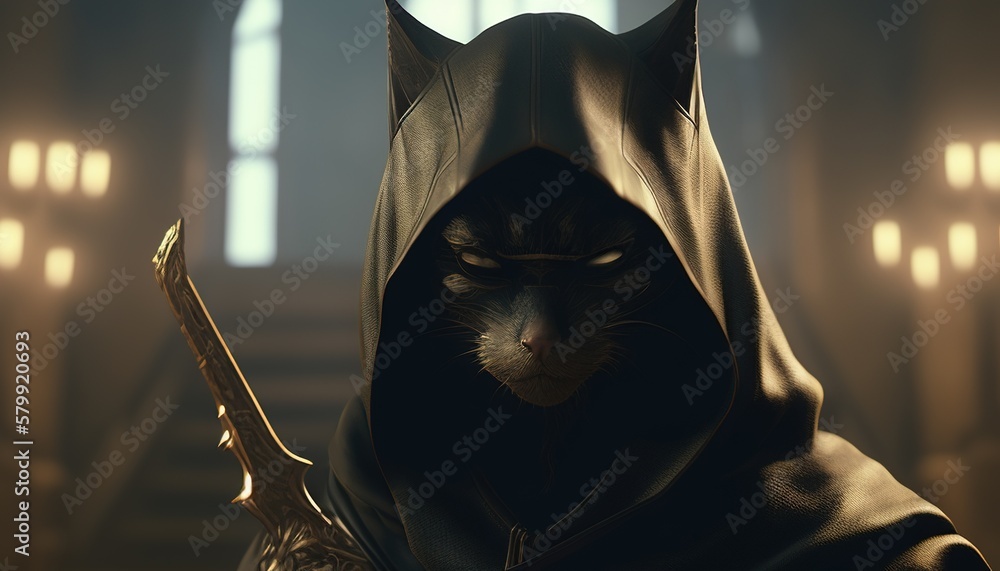 cat assassin digital art illustration, Generative AI Stock Illustration | Adobe Stock