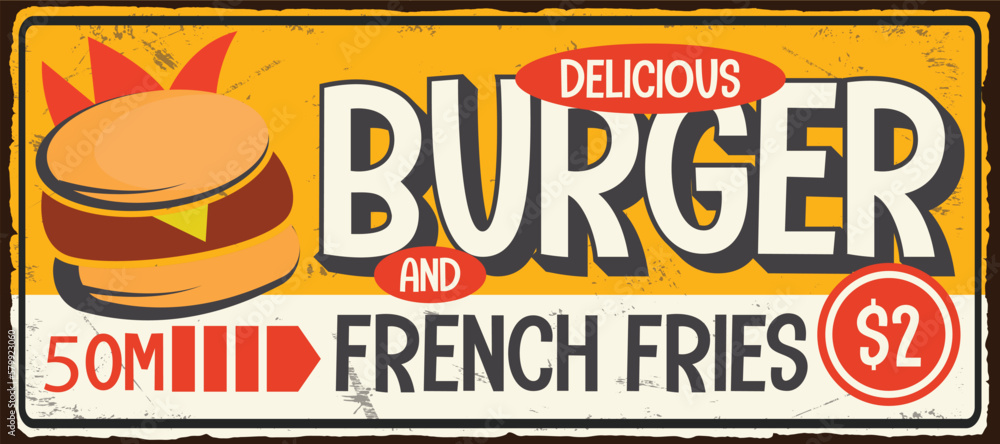 Delicious burger vintage tin sign board advertisement vector template ...