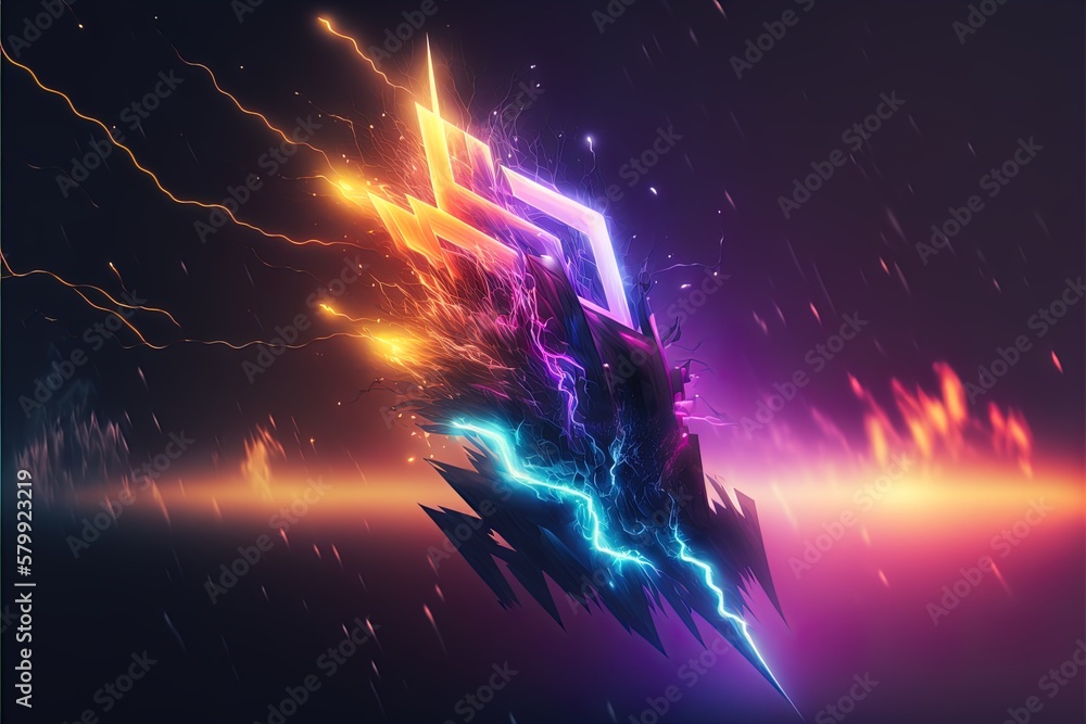 Abstract neon colored shapes in nothingness. Empty space, phantasmal ...