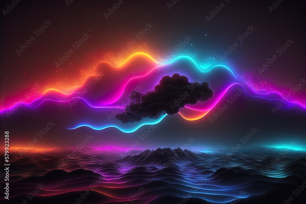 Abstract neon colored shapes in nothingness. Empty space, phantasmal ...