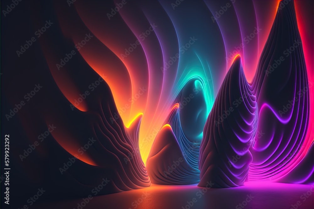 Abstract neon colored shapes in nothingness. Empty space, phantasmal ...