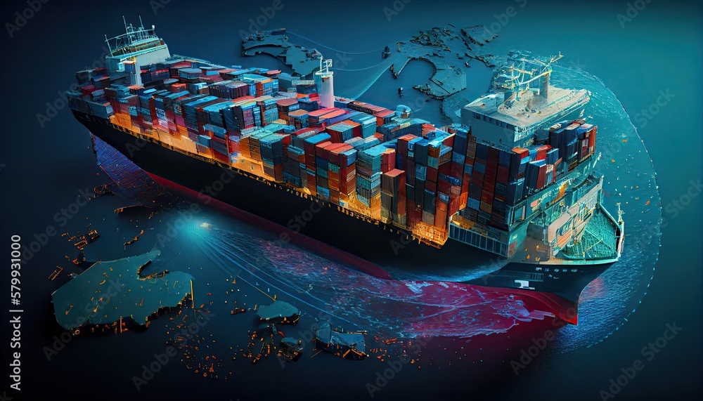 An aerial picture of a cargo ship carrying containers for export and ...