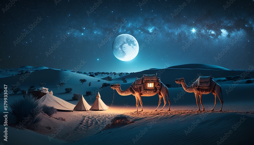 Ramadan concept with camels in the desert at night, a caravan on the sand dunes, and a crescent ...