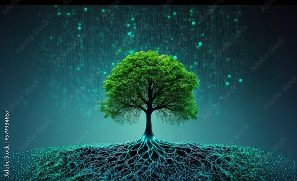 A beautiful large tree growing on the micro chip computer circuit board ...