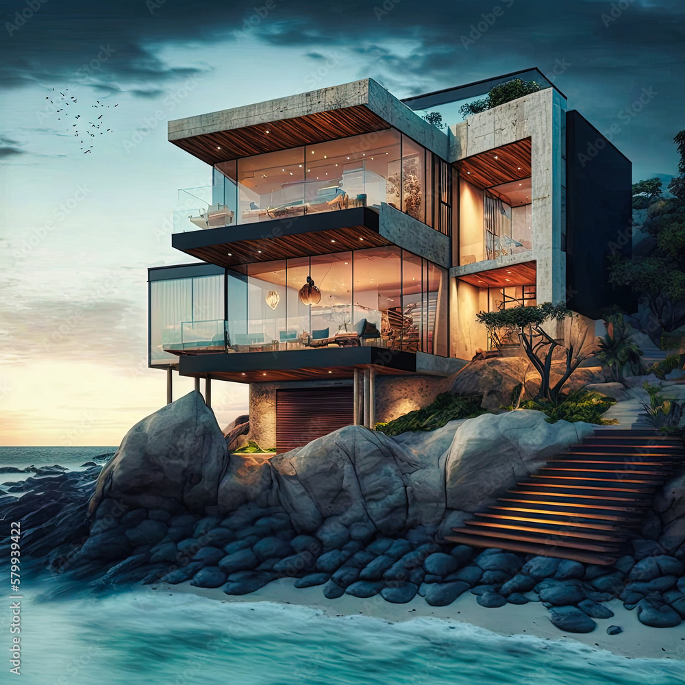 Amazing modern beach house, beach villa. Architectural exterior design ...