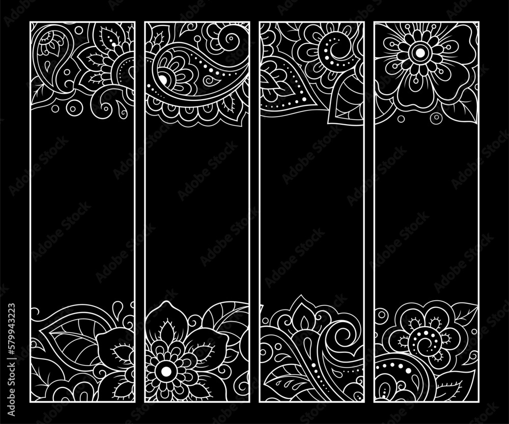 Bookmark for book - coloring. Set of black and white labels with floral ...