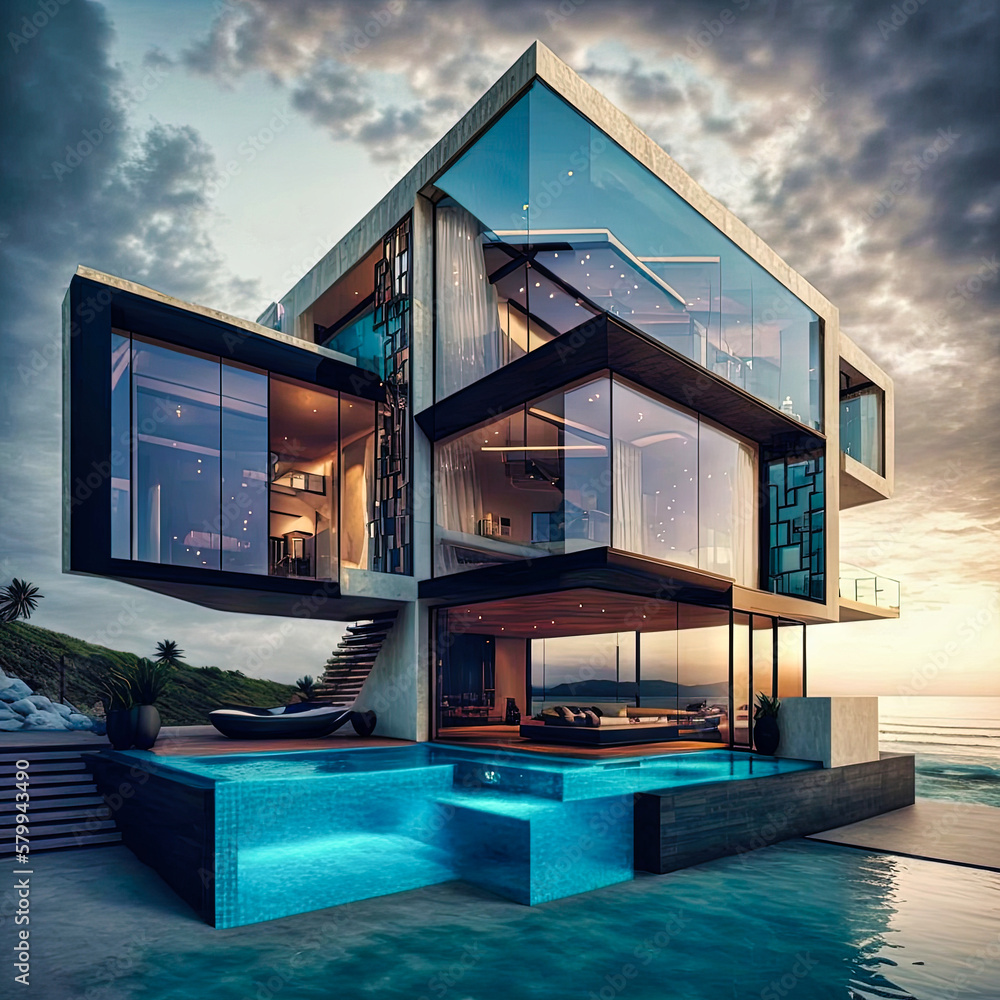 Amazing modern beach house, beach villa. Architectural exterior design ...