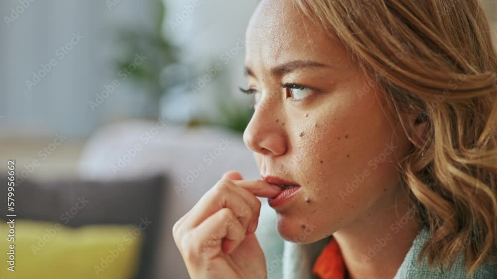 Anxiety, biting nails and woman with worry, thinking and nervous on ...