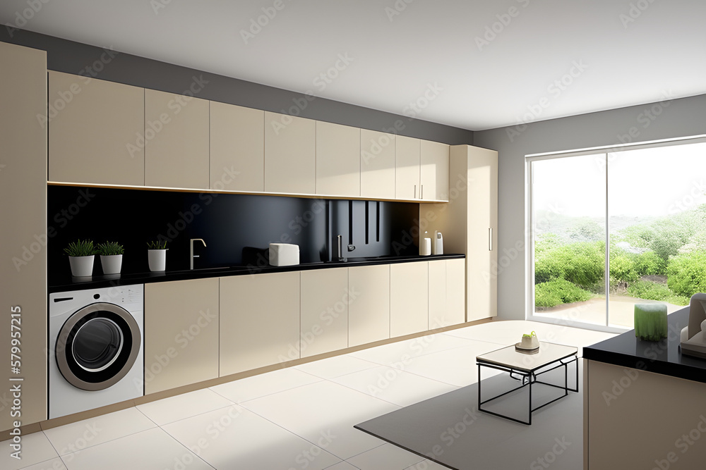 Modern interior design of laundry room with beige counter, cabinet ...