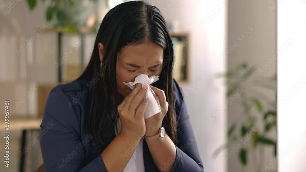 Sick business woman, sneeze and nose of flu in office for allergies ...