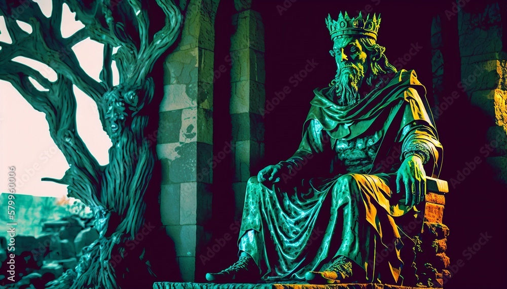 A fantastic ancient emperor king, in green light, sitting on his throne ...