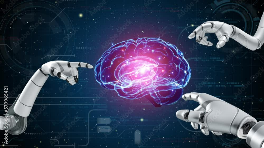 Robot hand with glowing brain on future virtual background. AI ...