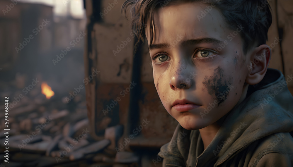 A child cries against the background of destroyed buildings. A sad girl ...