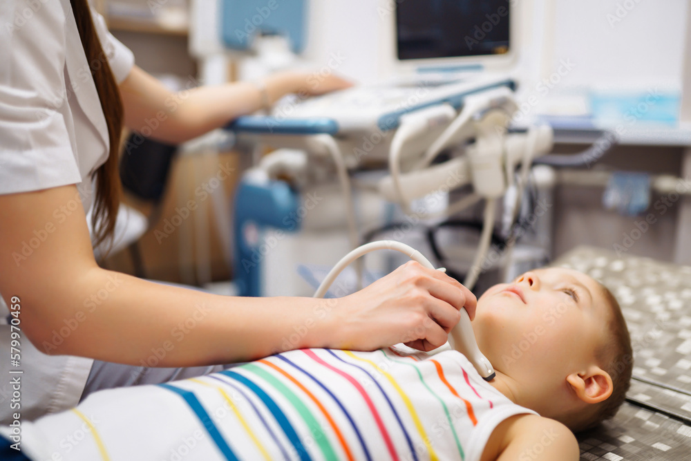 Doctor conducts an ultrasound examination of the heart and abdominal ...