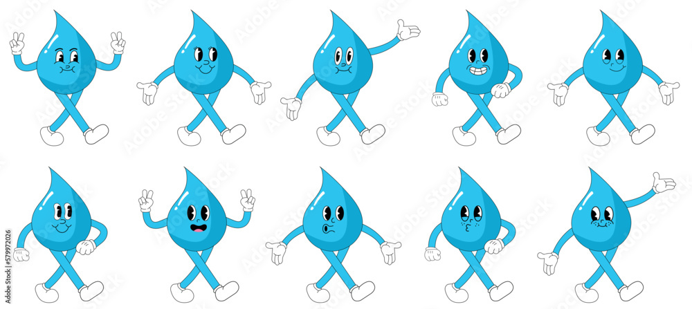 Vector cartoon drop stickers with funny comic characters, gloved hands ...