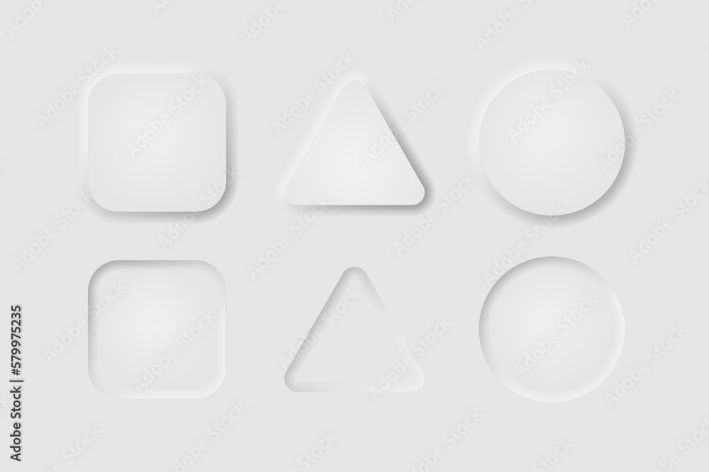 Editable neumorphism button set in shape of square, triangle and circle. For web design, mobile ...