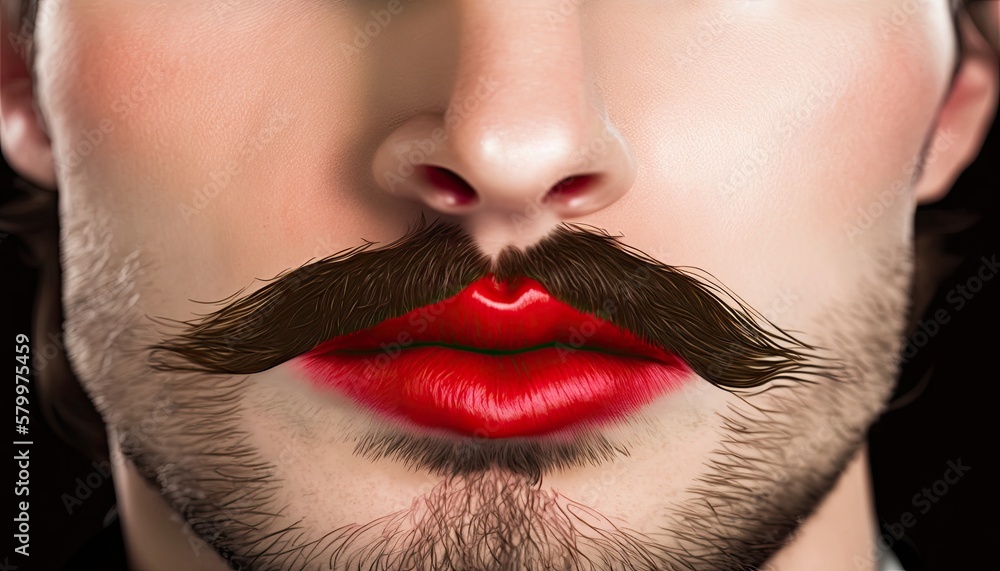 Male lips red make up lipstick close up LGBT person with thick mustache ...