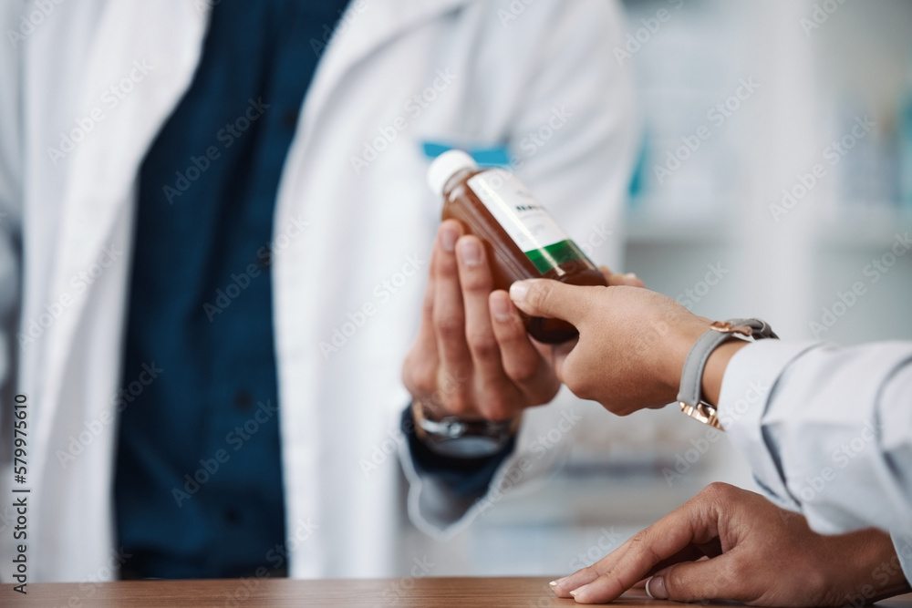 Hands, bottle or medicine with a pharmacist and customer in a drugstore ...