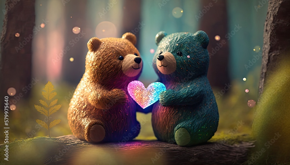 Two little bears toys holds heart in paws on colorful lens flare ...