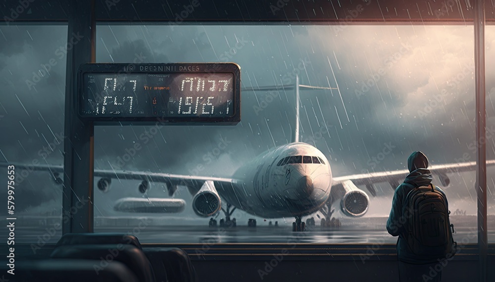 Back view to person looking through airport window to plane in heavy ...
