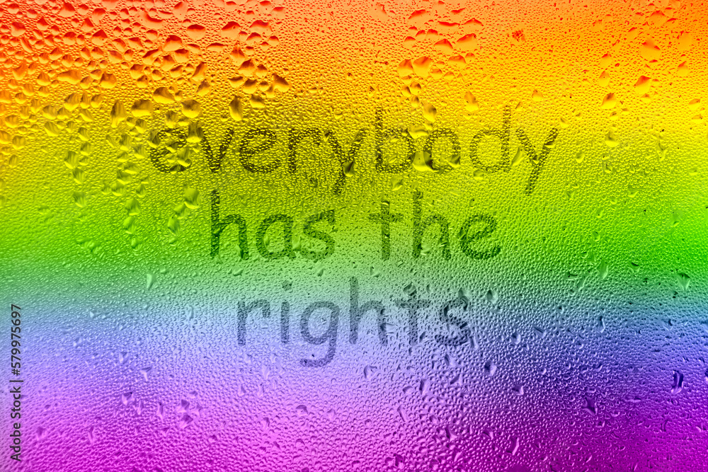 The inscription on the sweaty glass. The word EVERYBODY HAS THE RIGHTS ...