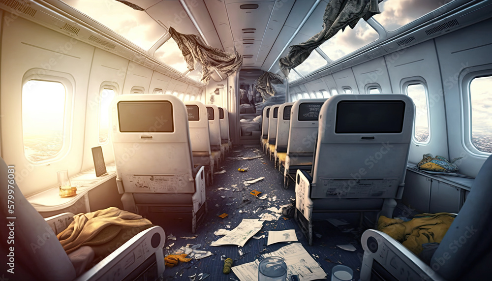 Mess in plane aisle after strong turbulence, scattered personal ...