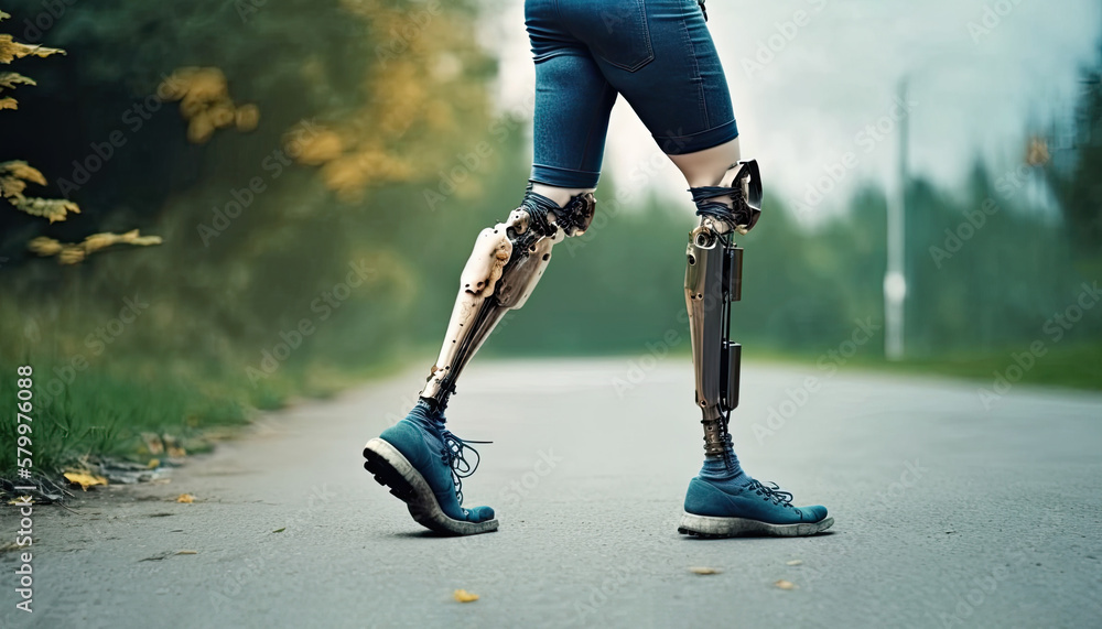 Female legs prosthesis close up walking outdoor in city park, disabled ...