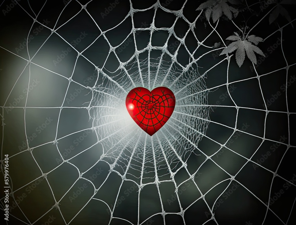 Red heart got caught in spider web on blurred dark background ...