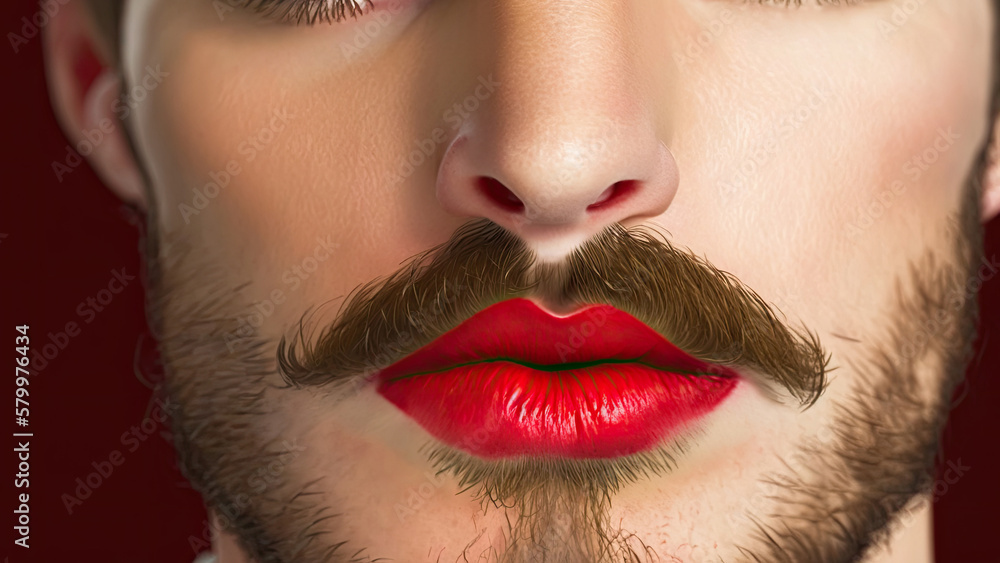 Male lips red make up lipstick close up LGBT person with thick mustache ...