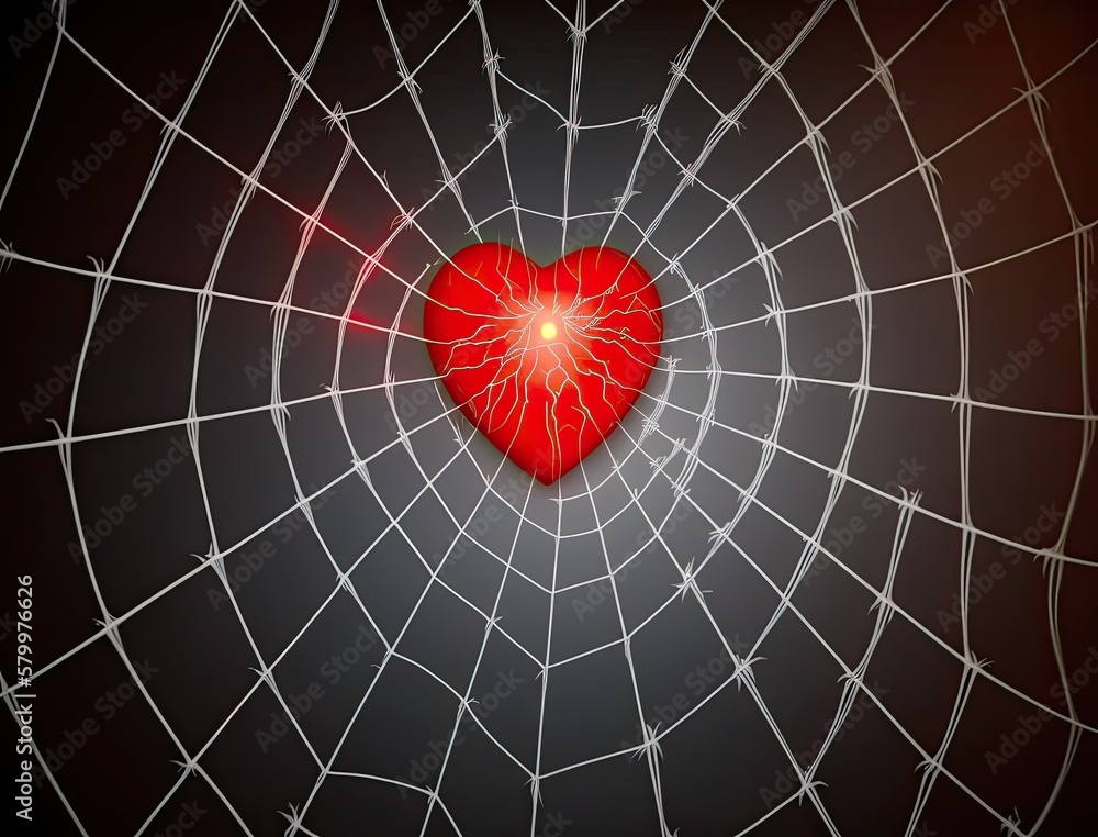 Red heart got caught in spider web on blurred dark background ...