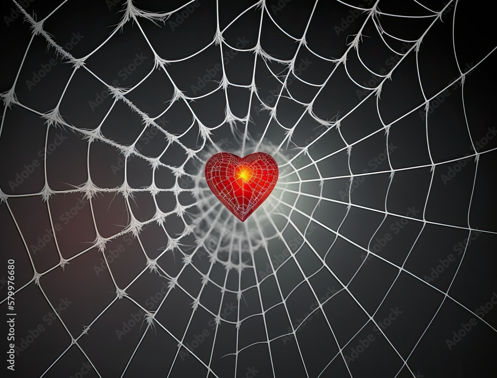 Red heart got caught in spider web on blurred dark background ...