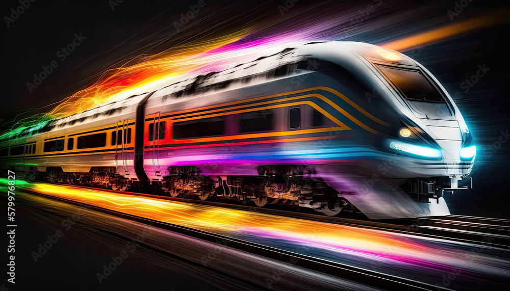 High speed train rides in neon lights long exposition, modern ...