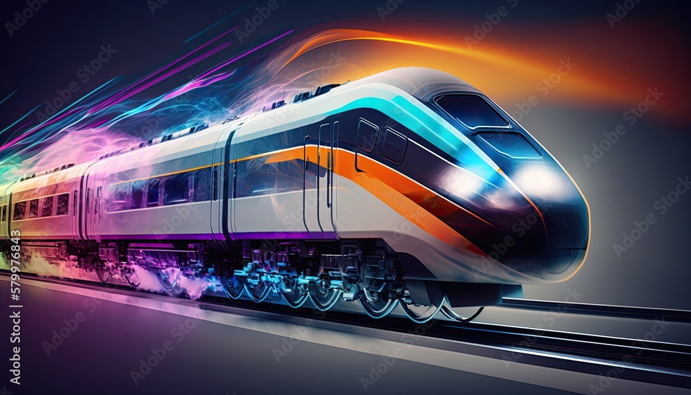 Illustrazione Stock High speed train rides in neon lights long ...