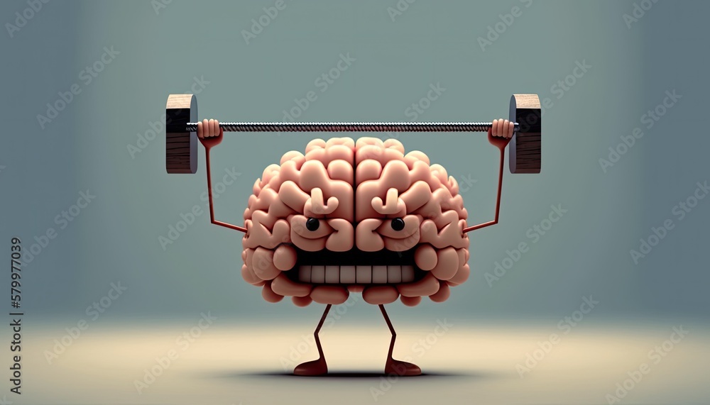 Funny cartoon brain with legs and hands lifts heavy barbell, brain ...