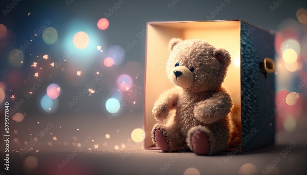 Little bear toy in gift box on colorful lens flare background, cute ...