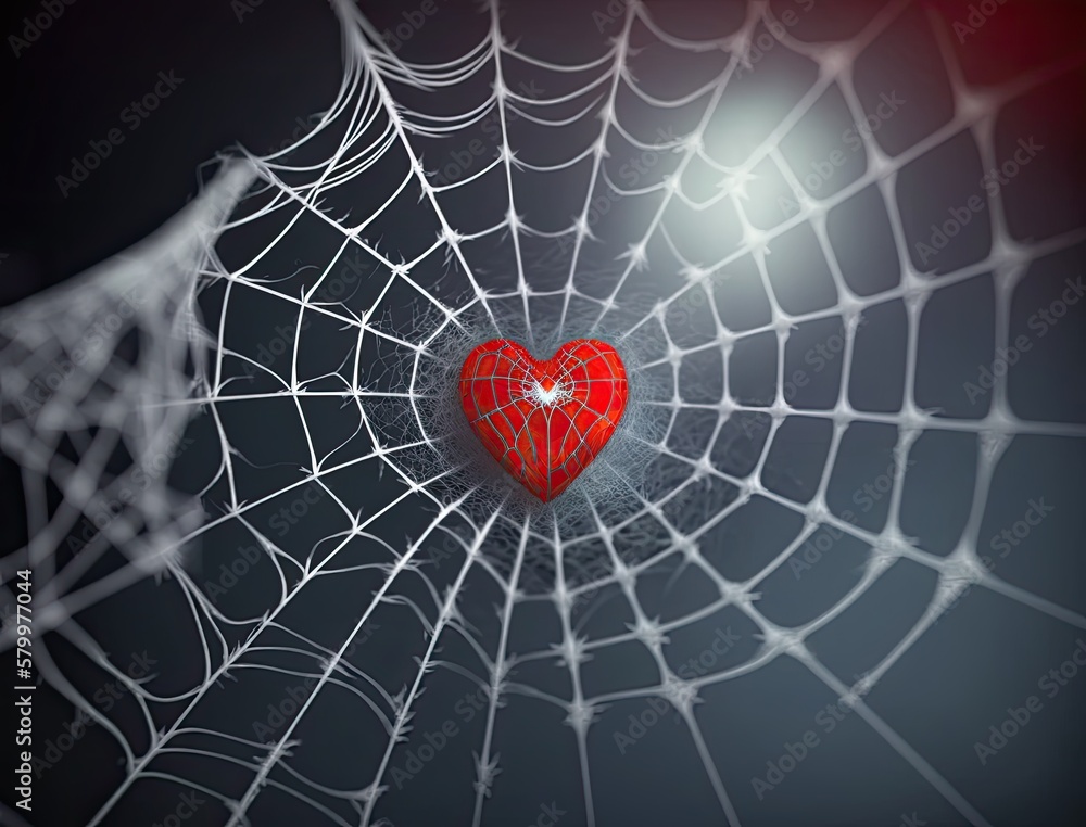 Red heart got caught in spider web on blurred dark background ...