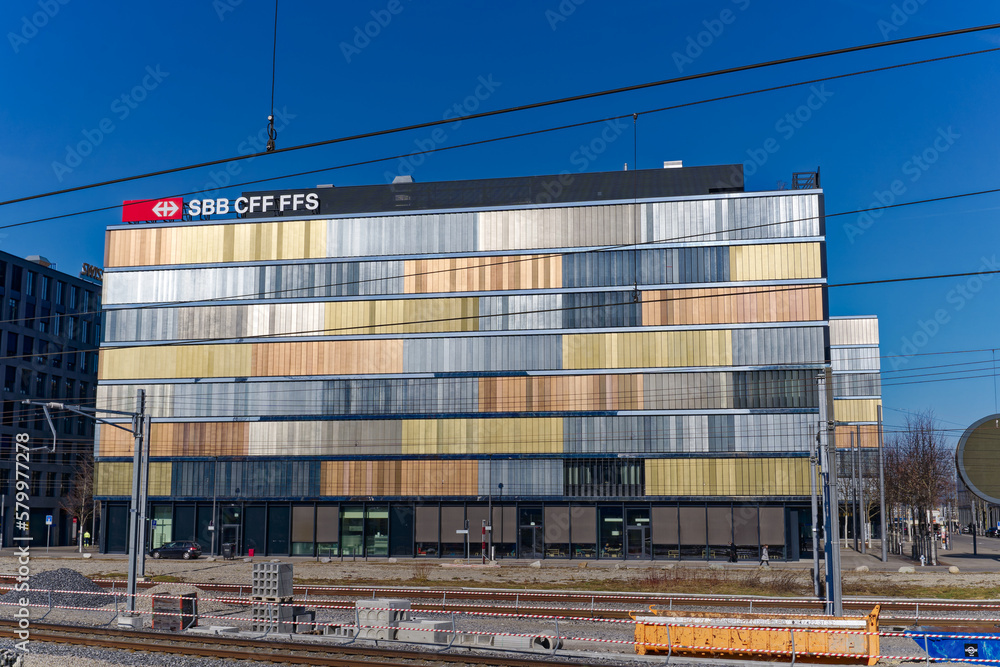 Modern office building with headquarters of Swiss Post and Swiss railway company SBB at Swiss ...