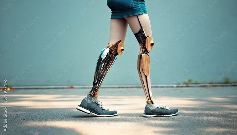 Female legs prosthesis close up walking outdoor in city park, disabled ...