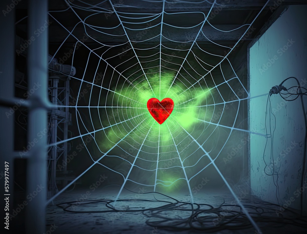 Red heart got caught in spider web on blurred dark background ...