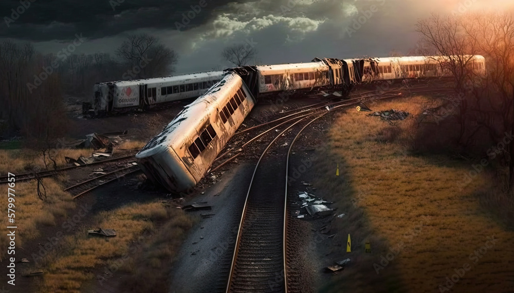 Derailed train incident aerial view, damaged derailed train cars on ...