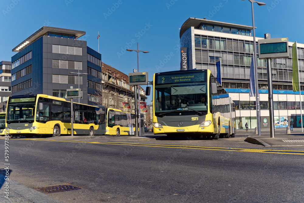 Public transport bus at bus station at railway station of Swiss City of ...