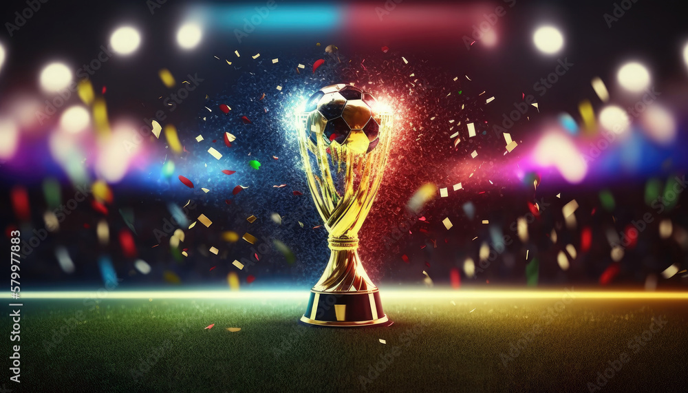 Golden soccer cup reward for victory in football championship on green ...