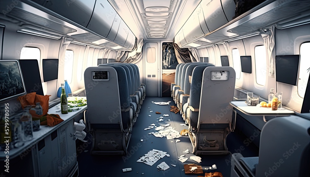 Mess in plane aisle after strong turbulence, scattered personal ...