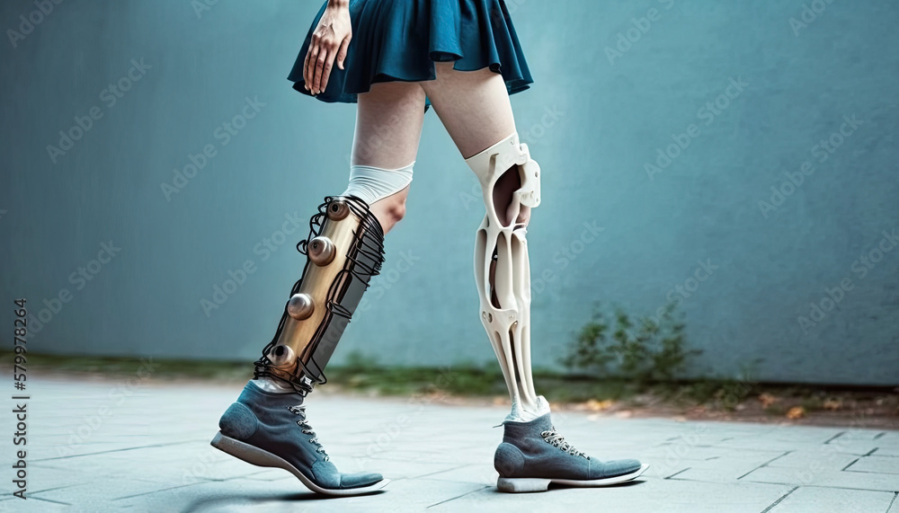 Female legs prosthesis close up walking outdoor in city park, disabled ...