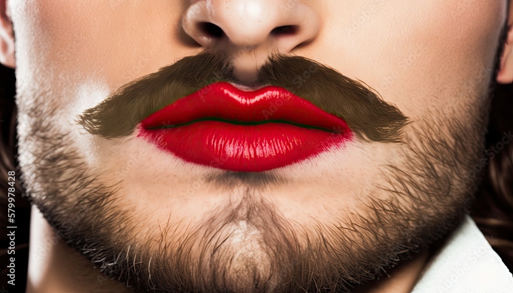 Male lips red make up lipstick close up LGBT person with thick mustache ...